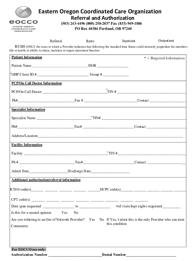 Fillable Online Referral and Authorization - EOCCO Fax Email Print ...