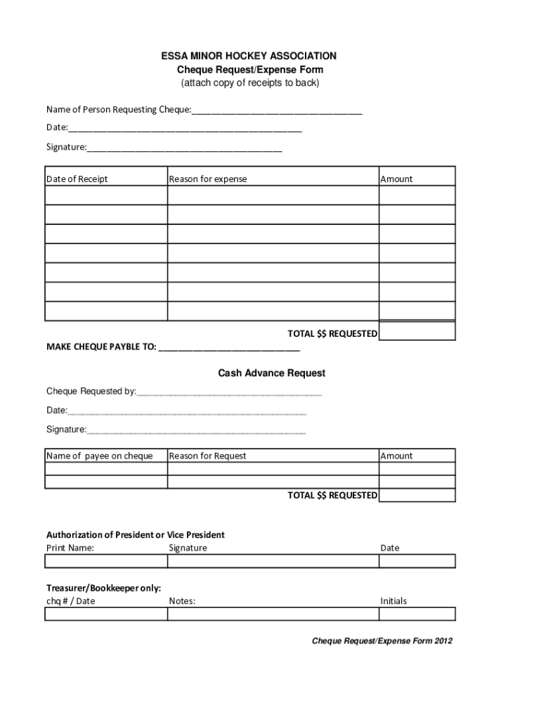 Fillable Online ESSA MINOR HOCKEY ASSOCIATION Cheque Request/Expense Form Fax Email Print ...
