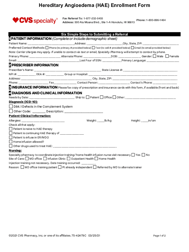 Fillable Online Get the free Hereditary Angioedema (HAE) Enrollment ...