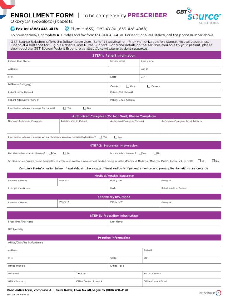 Fillable Online ENROLLMENT FORM - Oxbryta (voxelotor) Fax Email Print - pdfFiller