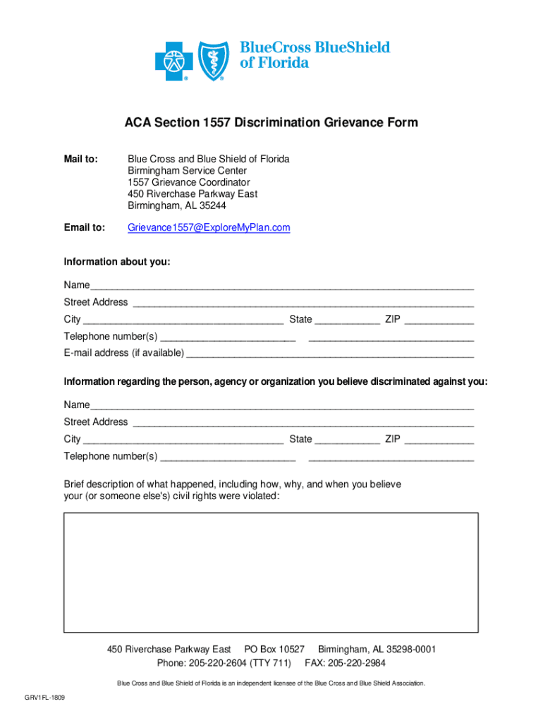 Fillable Online ACA Section 1557 Discrimination Grievance Form. ACA ...