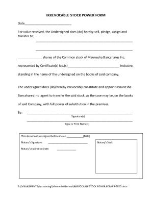 Fillable Online IRREVOCABLE STOCK POWER FORM - fandmstbk.com Fax Email ...