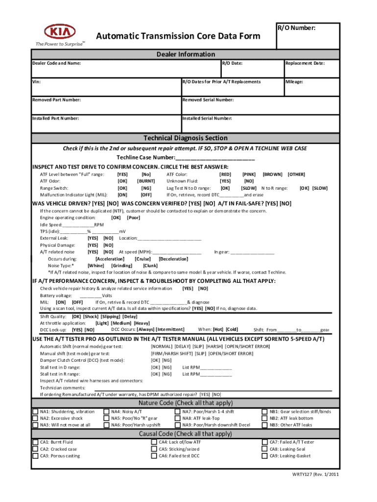Fillable Online R/O Number: Automatic Transmission Core Data Form Fax ...