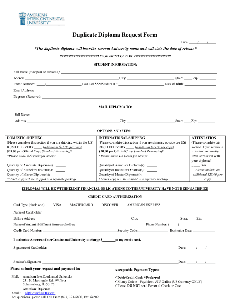 Fillable Online Duplicate Diploma Request Form - aiuniv.edu Fax Email ...