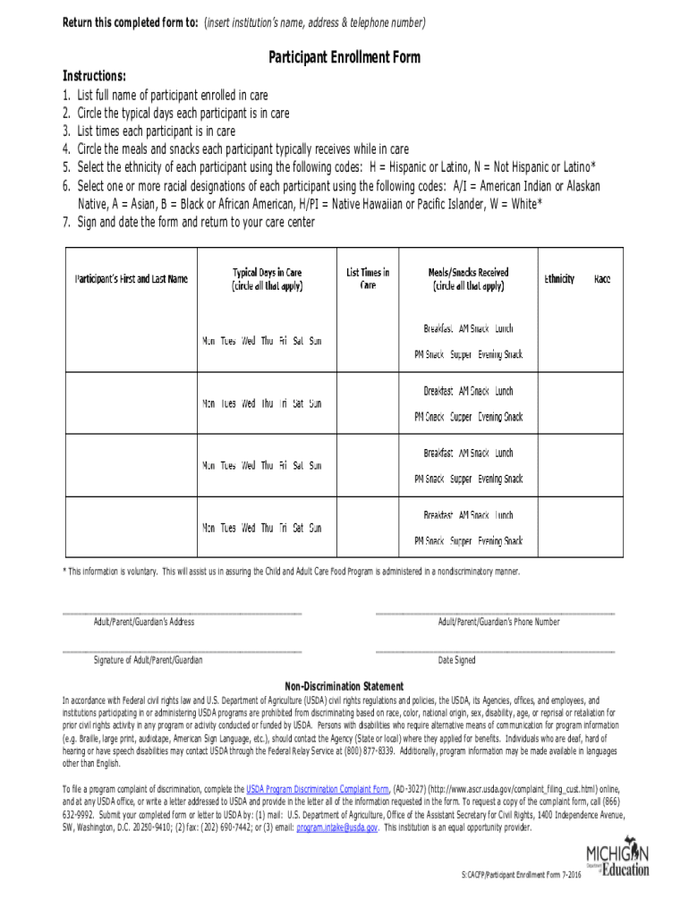 Fillable Online Participant Enrollment Form - orchardhillpreschool.org ...