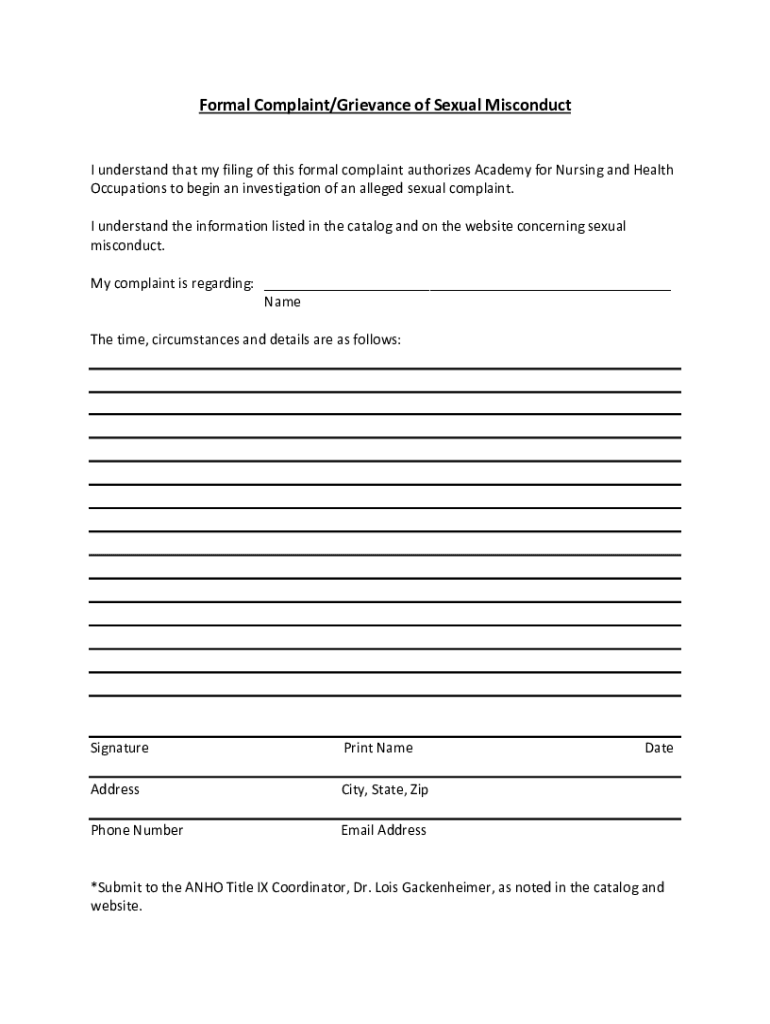 Fillable Online Formal Complaint Grievance of Sexual Misconduct Form ...