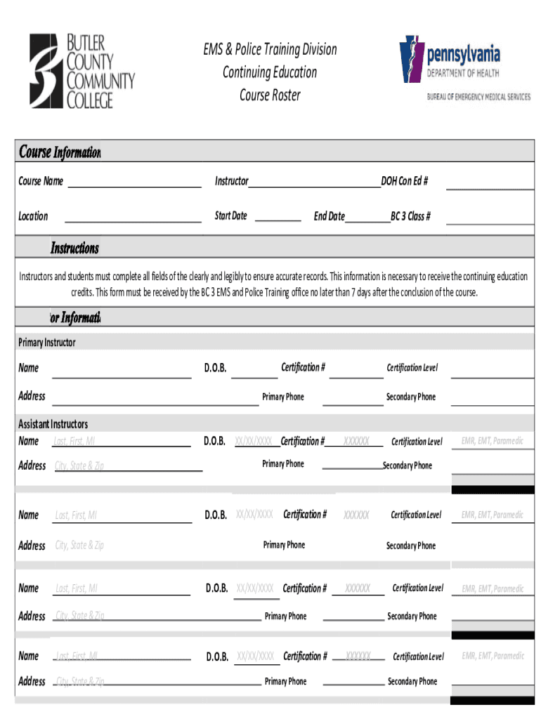 Fillable Online EMS Continuing EducationEmergency Health Services ...