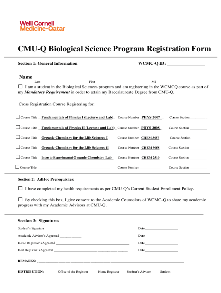 Fillable Online CMU-Q Biological Science Program Registration Form Fax ...