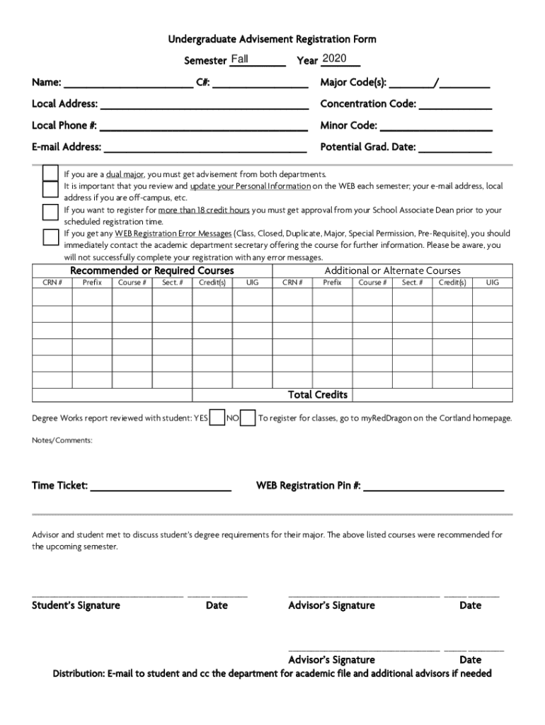 Fillable Online www2 cortland Undergraduate Advisement Registration ...