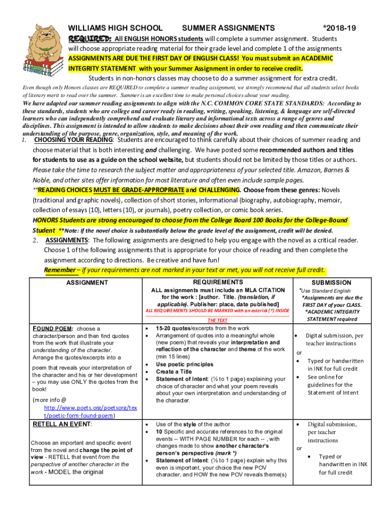 Fillable Online WILLIAMS HIGH SCHOOL SUMMER ASSIGNMENTS *2018-19 Fax ...