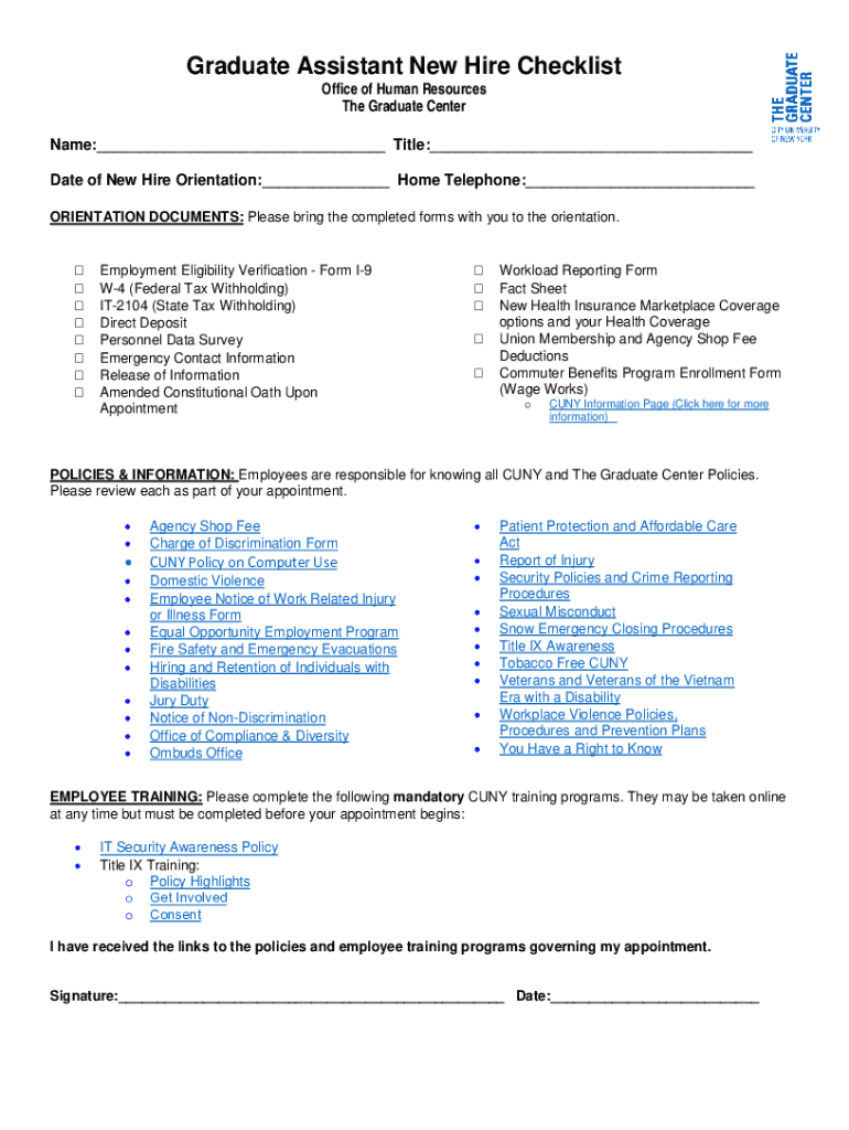 Fillable Online gc cuny Civil Service New Hire Checklist - Graduate ...