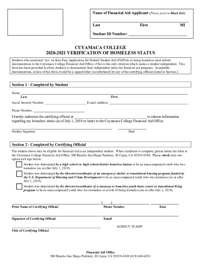 Fillable Online documentation to the Cuyamaca College Financial Aid ...