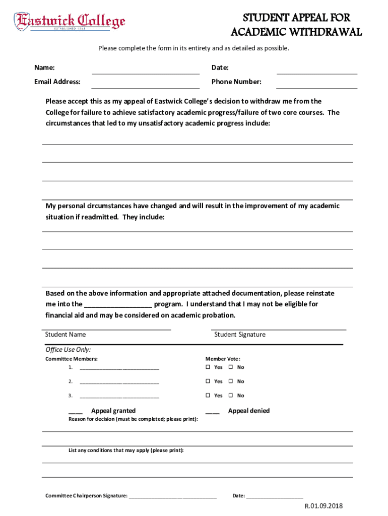 Fillable Online STUDENT APPEAL FOR ACADEMIC WITHDRAWAL - eastwick.edu ...