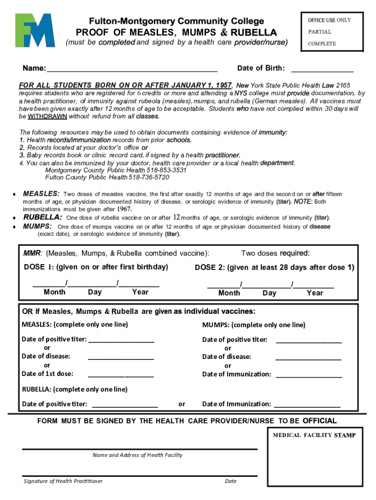 Fillable Online ONLY PROOF OF MEASLES, MUMPS PARTIAL COMPLETE Fax Email ...