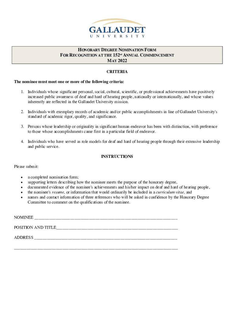 Fillable Online HONORARY DEGREE NOMINATION FORM FOR nd RECOGNITION AT ...
