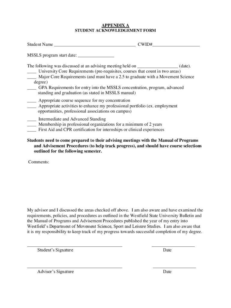 Fillable Online APPENDIX A STUDENT ACKNOWLEDGEMENT FORM Fax Email Print ...