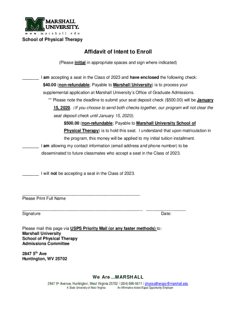 Fillable Online Affidavit of Intent to Enroll - Marshall University Fax ...