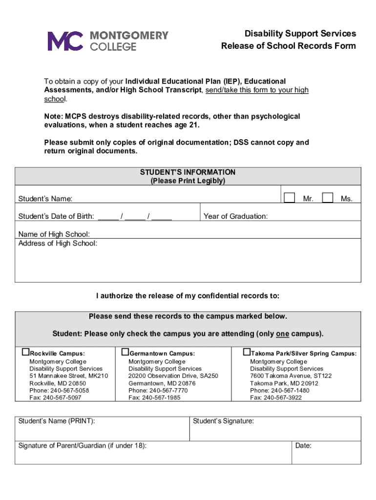 Fillable Online Disability Support Services Release of School Records ...