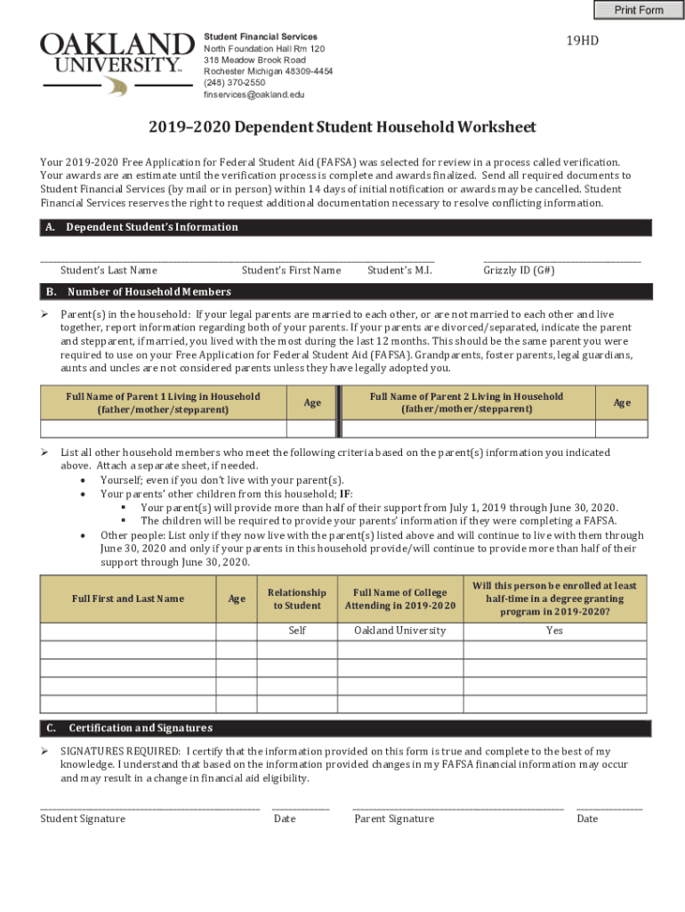 Fillable Online 20192020 Dependent Student Household Worksheet. 20192020 Dependent Student ...
