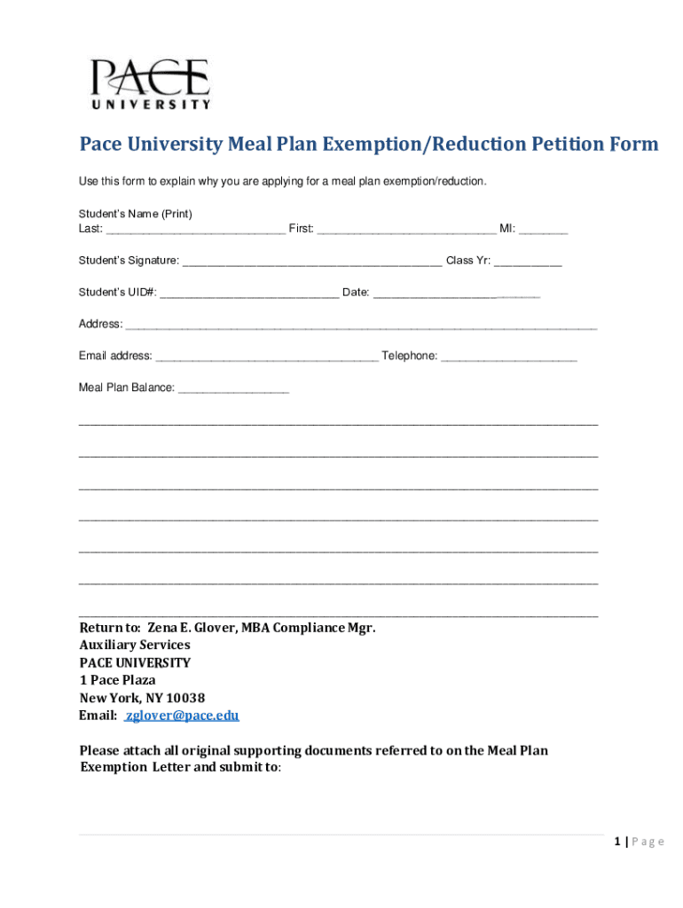 Fillable Online Pace University Meal Plan Exemption/Reduction Petition ...