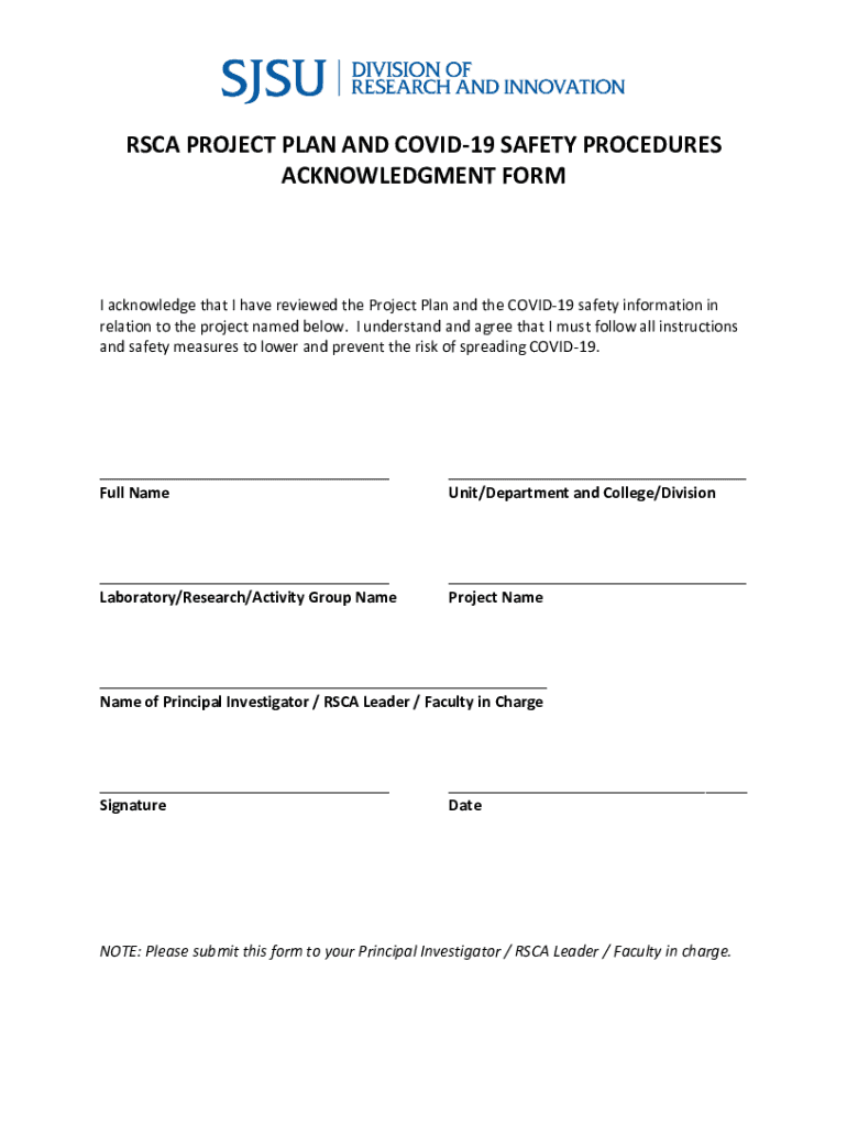 Fillable Online RSCA PROJECT PLAN AND COVID-19 SAFETY PROCEDURES ...