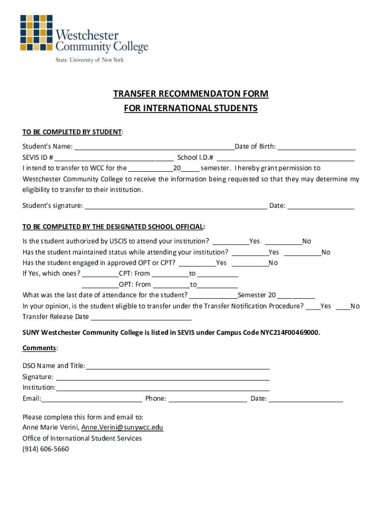 Fillable Online TRANSFER RECOMMENDATON FORM FOR INTERNATIONAL STUDENTS ...