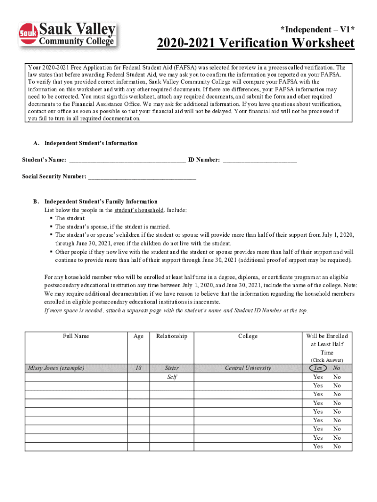 Fillable Online 20202021 Standard Verification Worksheet V1-Dependent Student20202021 Standard ...