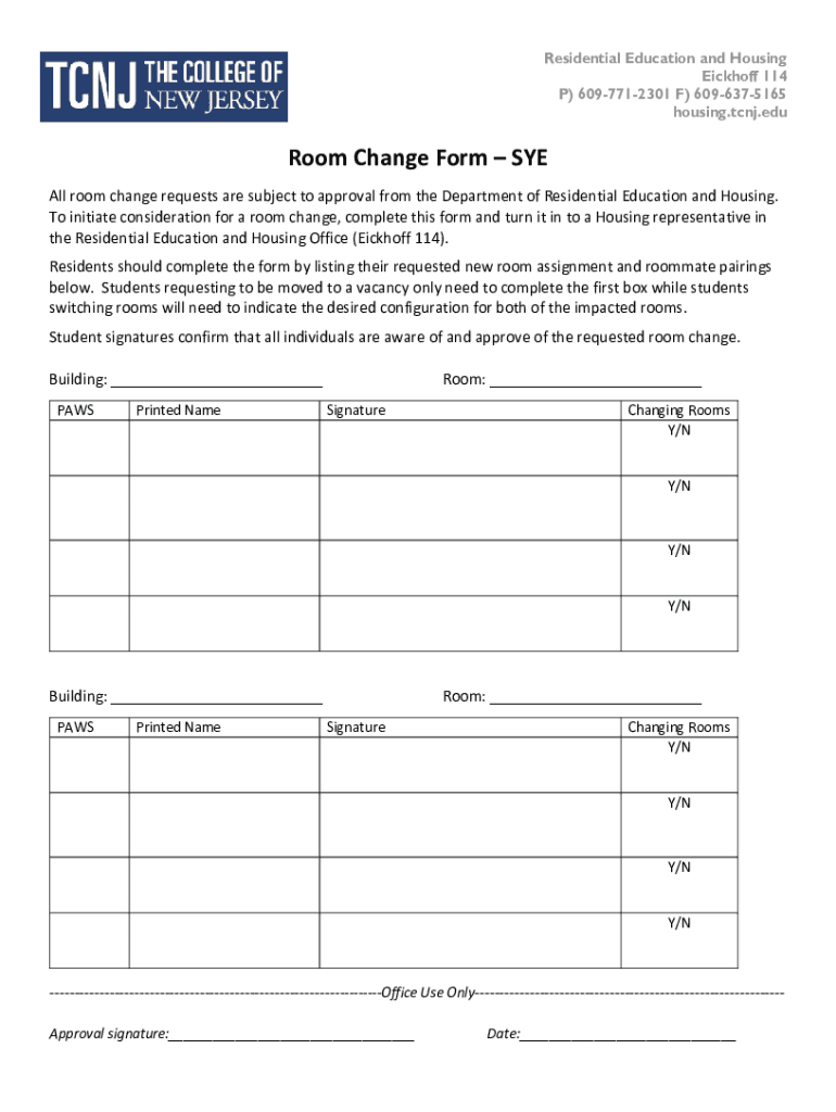 Fillable Online housing tcnj Room Change Form - Residential Education ...