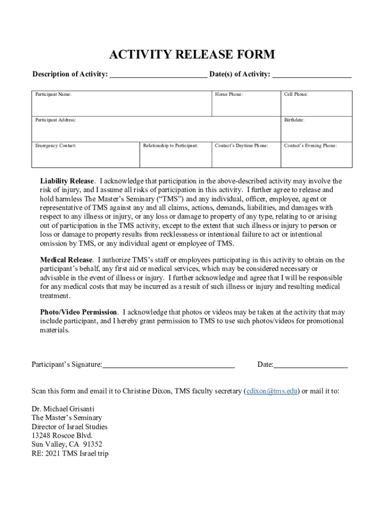 Fillable Online ACTIVITY RELEASE FORM - The Master's University Fax ...