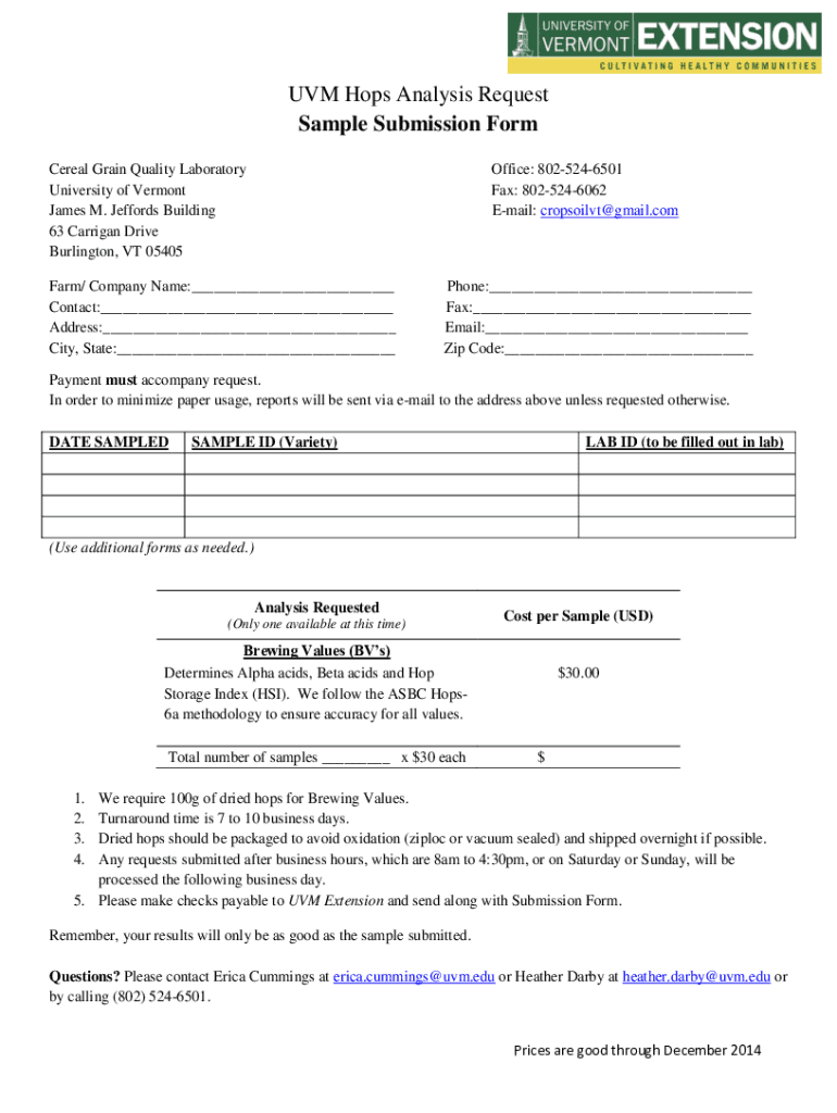 Fillable Online blog uvm UVM Hops Analysis Request Sample Submission Form Fax Email Print ...