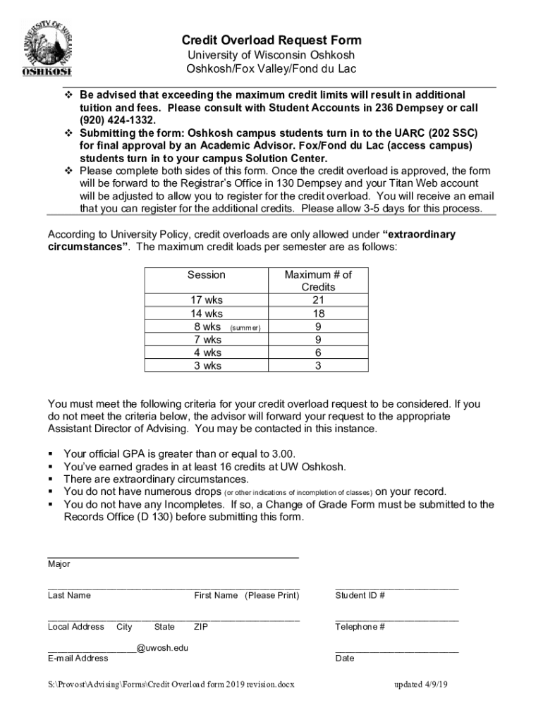 Fillable Online Credit Overload Request Form - University of Wisconsin ...
