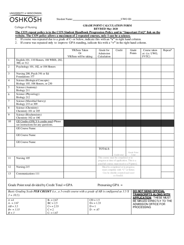 Fillable Online Revisedfall2012GPA Calculation Form.docx Fax Email Print - pdfFiller