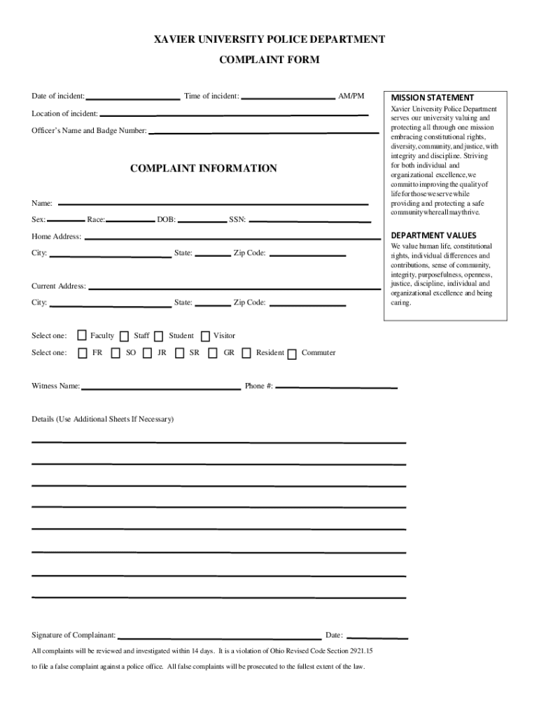 Fillable Online XAVIER UNIVERSITY POLICE DEPARTMENT COMPLAINT FORM ...