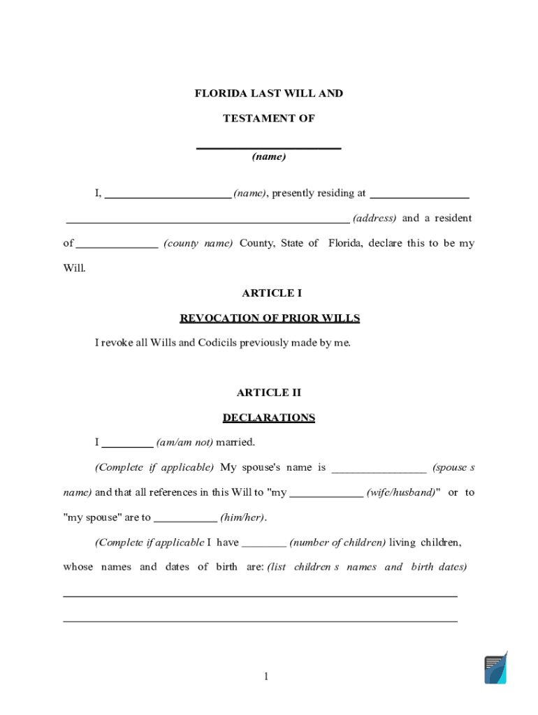 Fillable Online Florida Last Will and Testament Template Fax Email ...