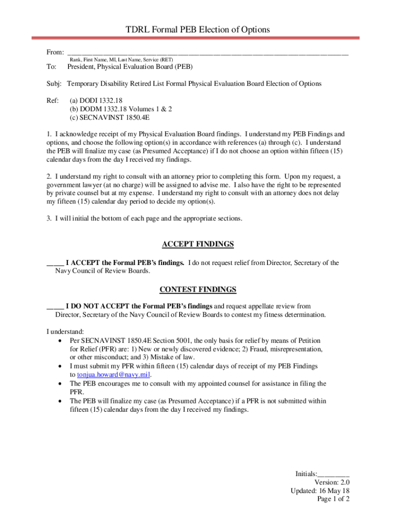 Fillable Online TDRL Formal PEB Election of Options - United States ...
