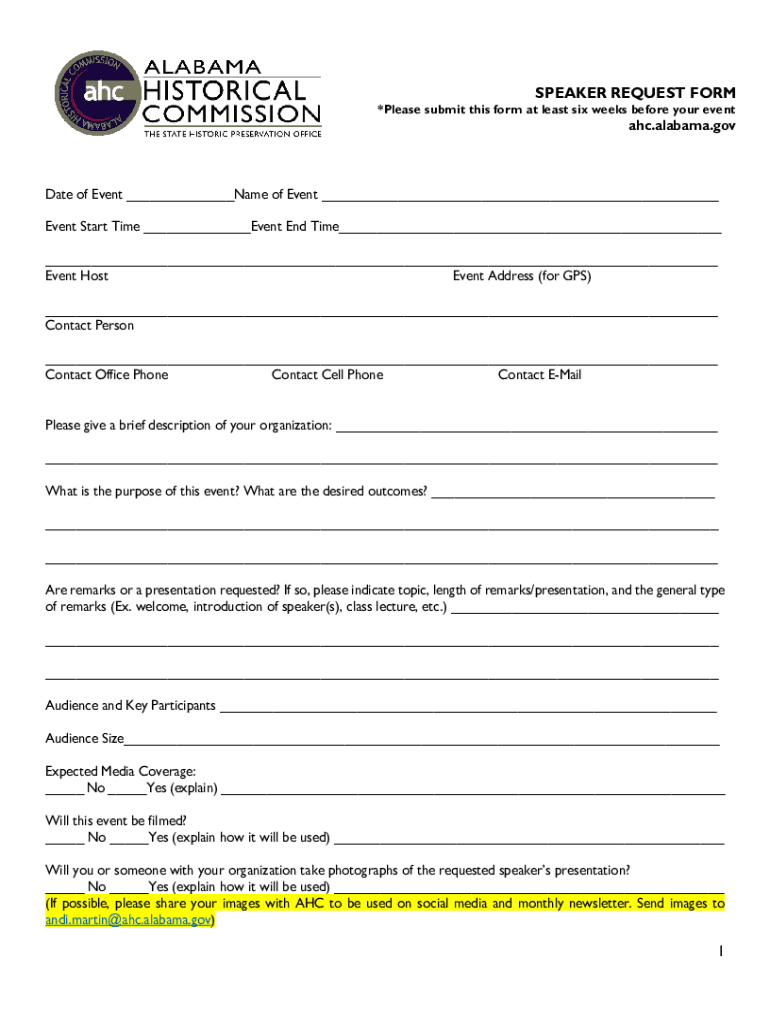 Fillable Online SPEAKER REQUEST FORM *Please submit this form at least six ... Fax Email Print ...