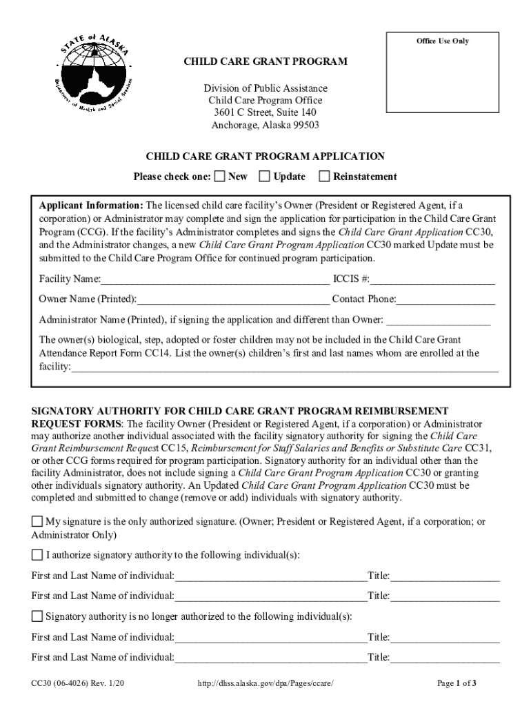 Fillable Online CHILD CC30 CARE GRANT APPLICATION - Alaska Department ...