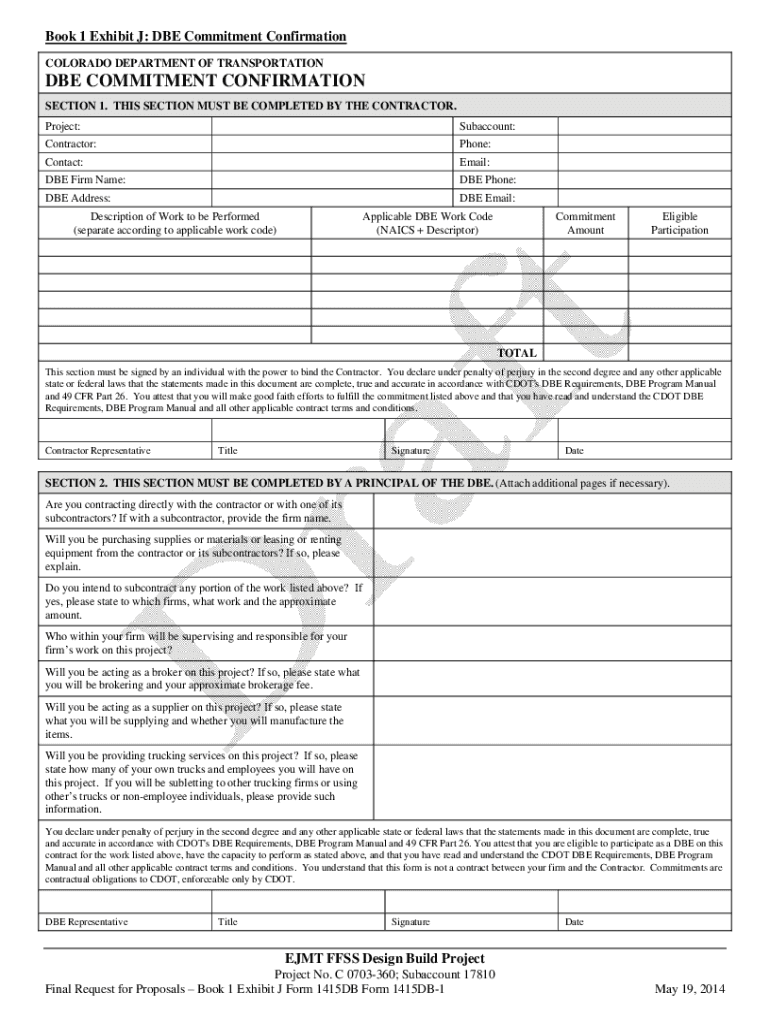 Fillable Online Book 1 - Exhibit J - Form 1415DB DBE Commitment ...
