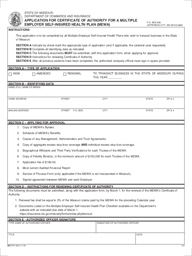 Fillable Online insurance mo 375-1804 (11-19) APPLICATION FOR ...