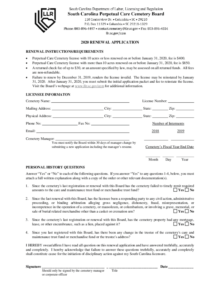 Fillable Online llr sc Fill - Free fillable 2020 Cemetery Renewal App ...