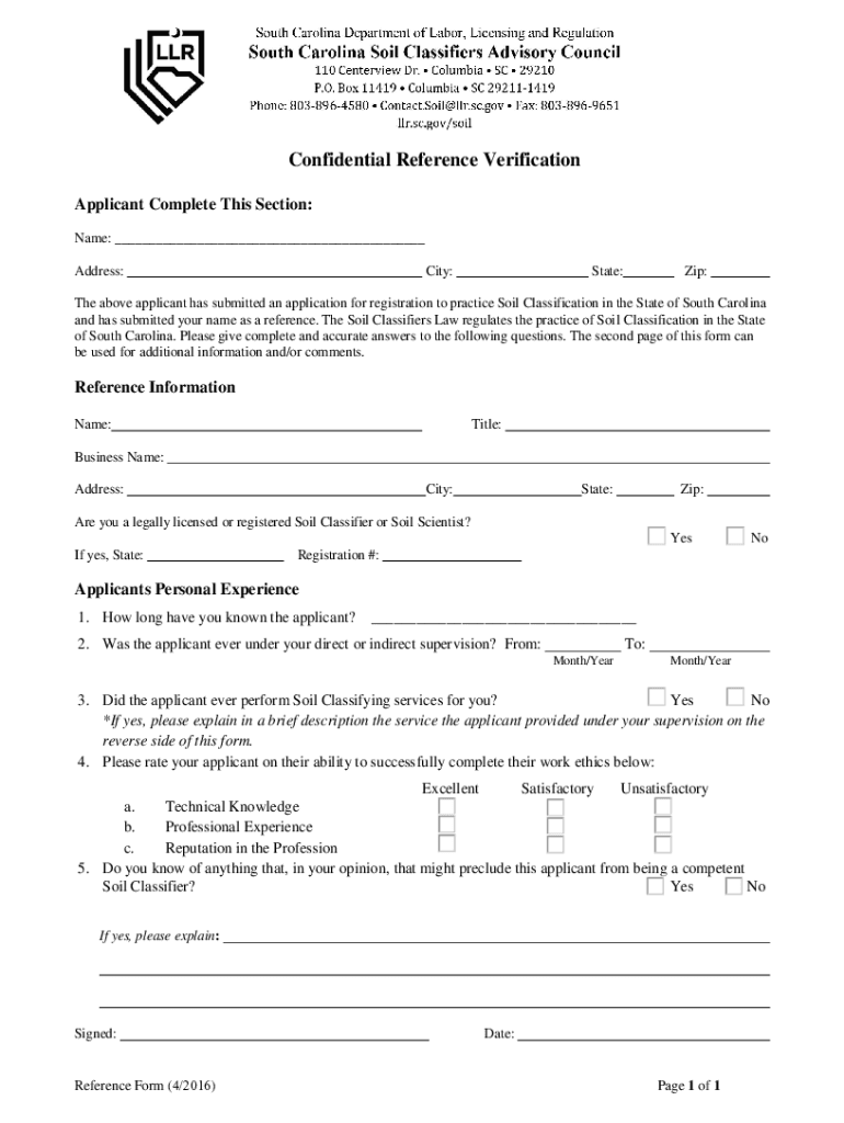 Fillable Online llr sc South Carolina Confidential Reference ...