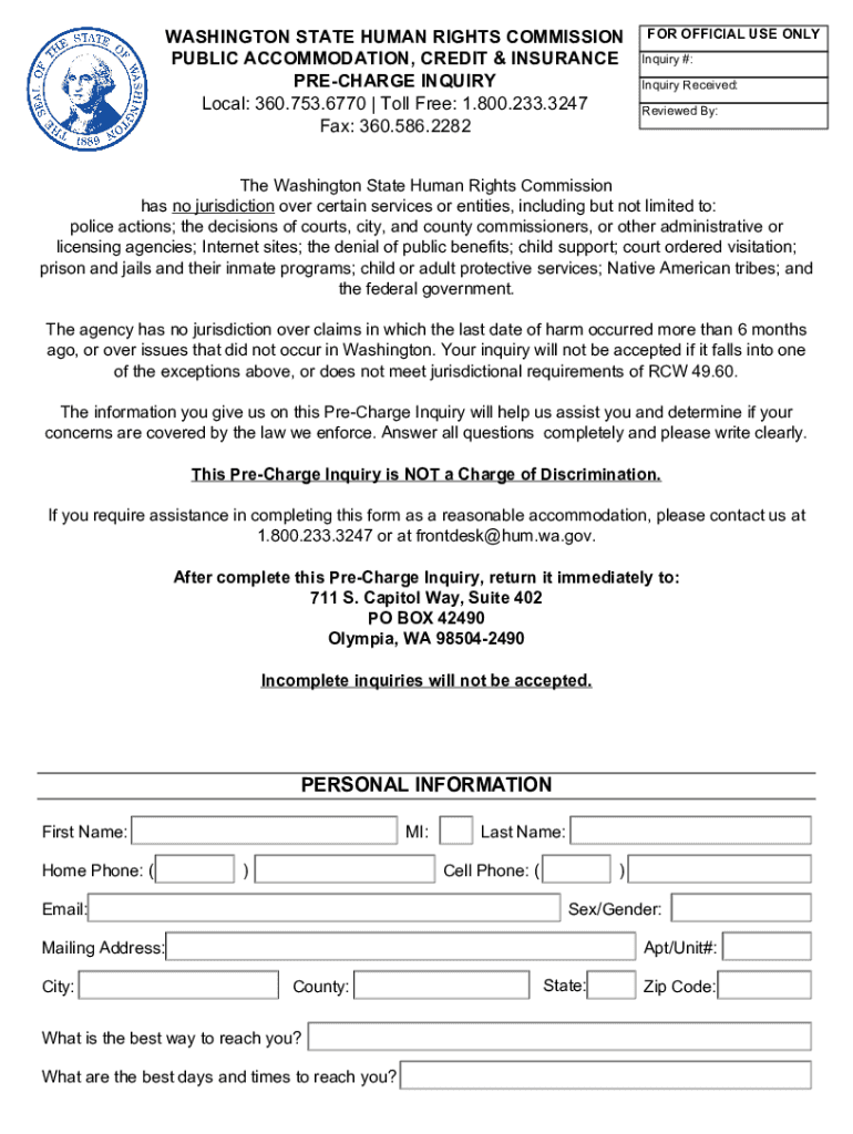 Fillable Online WASHINGTON STATE HUMAN RIGHTS COMMISSION FOR OFFICIAL ...
