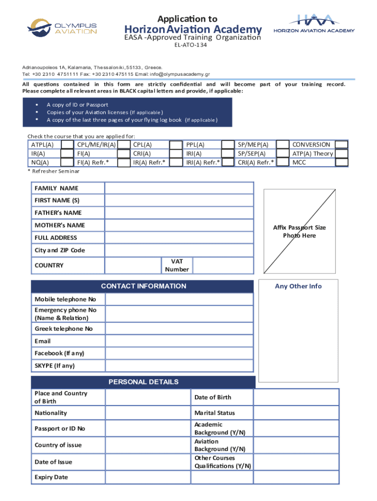 Fillable Online Application to Horizon Aviation Academy EASA -Approved ...