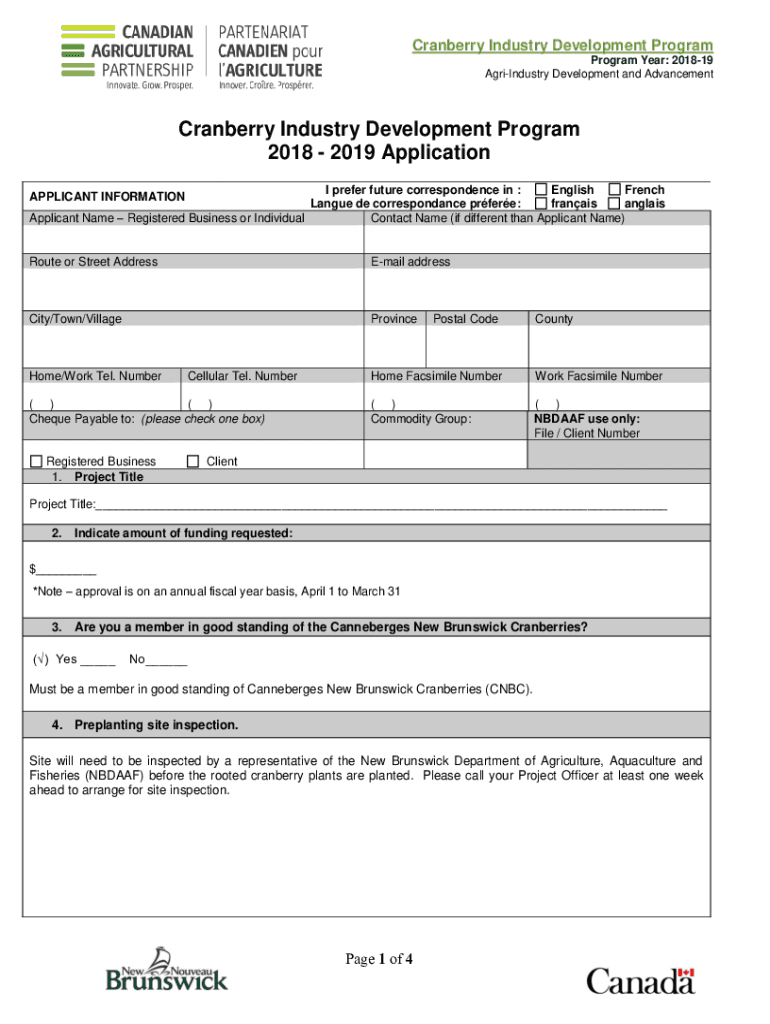 Fillable Online www2 gnb Cranberry Industry Development Program 2018 - 2019 Application Fax ...