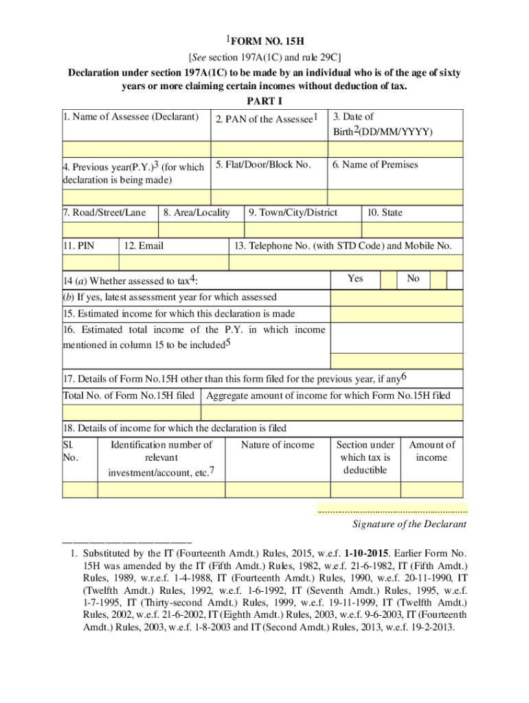 Fillable Online INCOME-TAX RULES, 1962 1FORM NO. 15H See section 197A ...