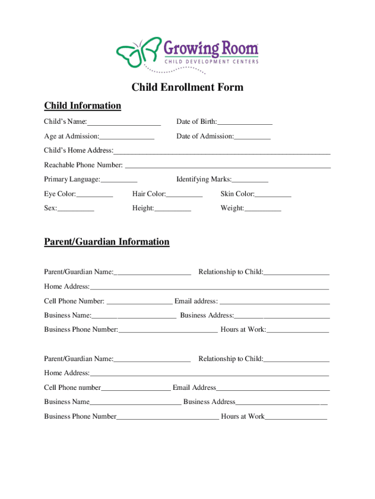 Fillable Online Infant/Toddler Enrollment Form - Quality Child Care for ...