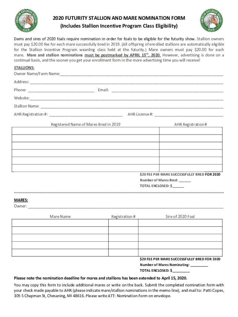 Fillable Online 2020 FUTURITY STALLION AND MARE NOMINATION FORM ...