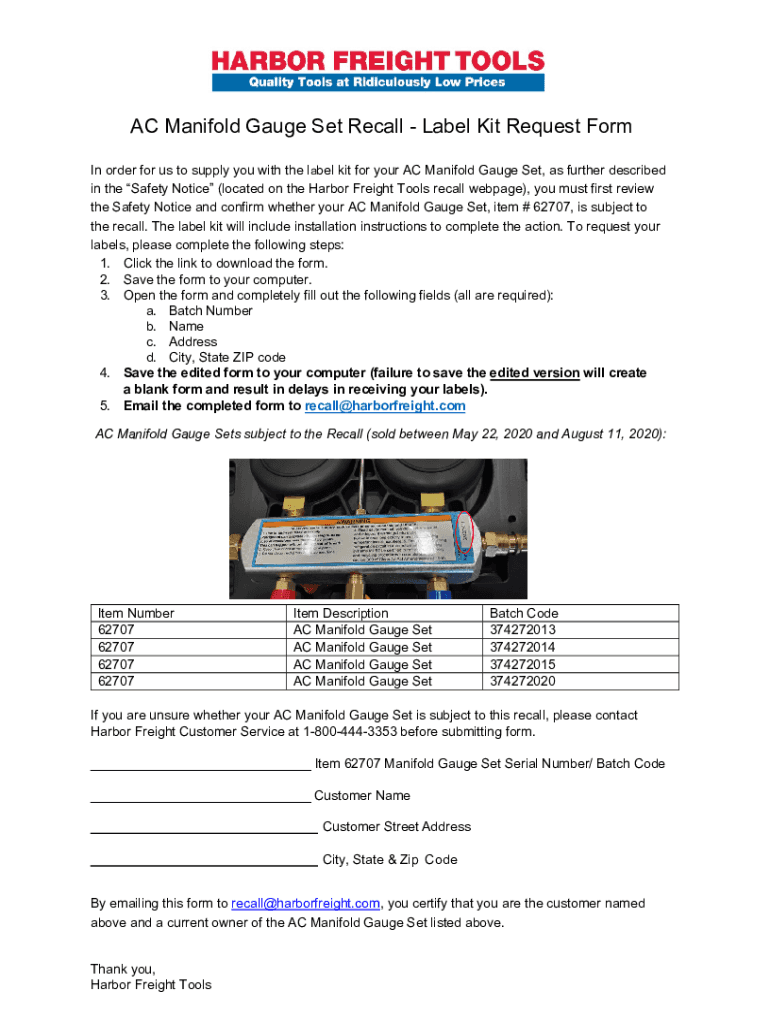 Fillable Online 20E062 AC Manifold Gauge Label Kit Request Form Final ...