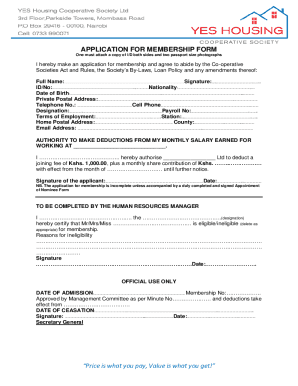 Fillable Online APPLICATION FOR MEMBERSHIP FORM - Yes Housing Fax Email ...