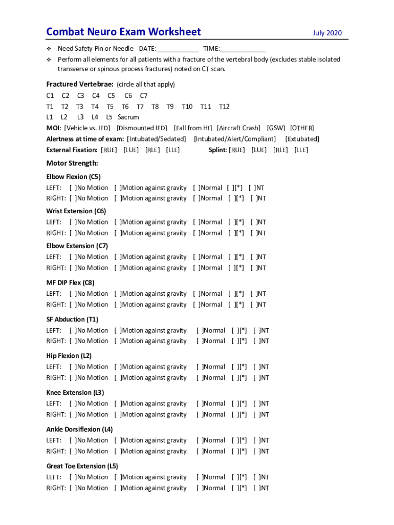 Fillable Online Combat Neuro Exam Worksheet. neurological exam Fax ...